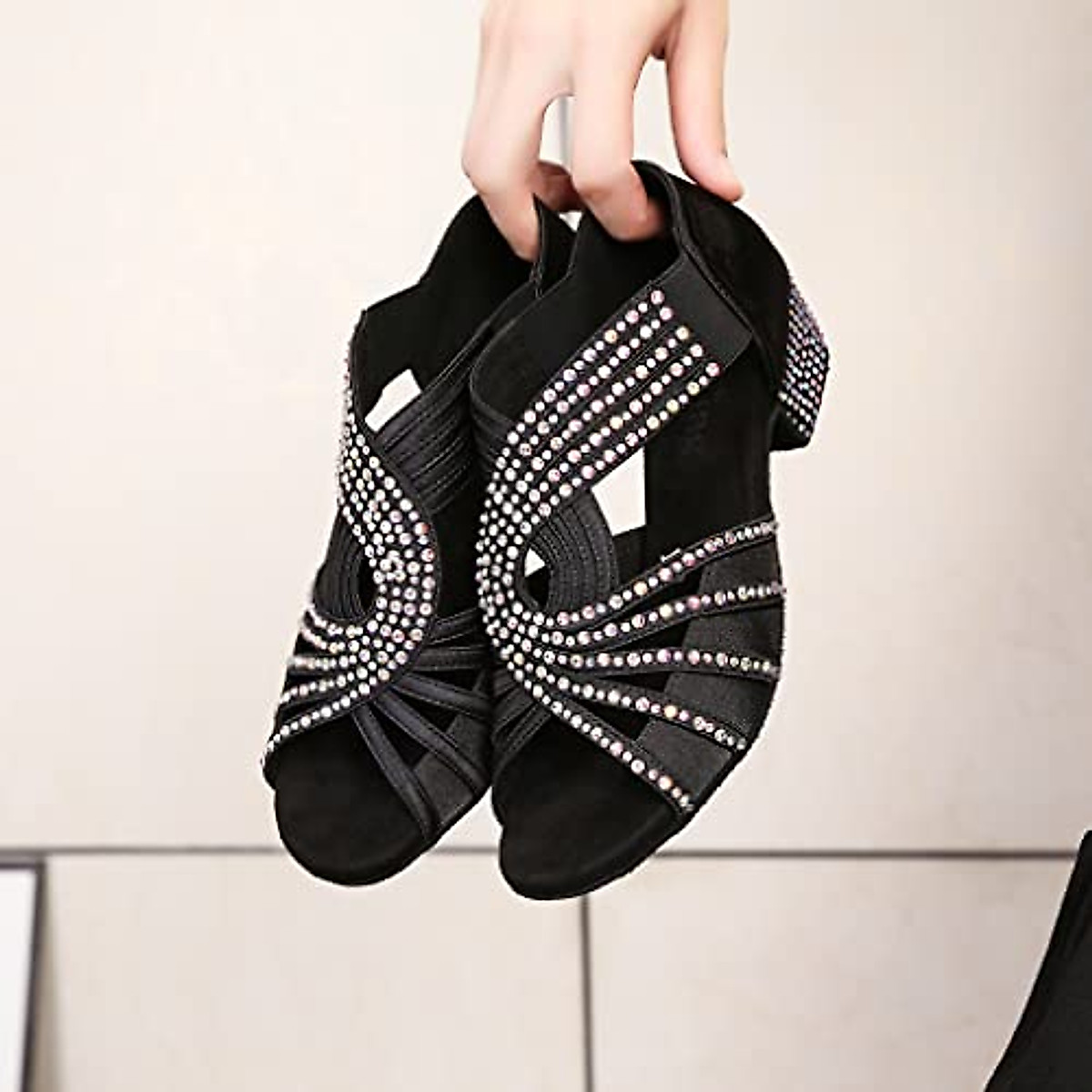 YYTing Half Rhinestones Ballroom Dance Shoes Women Latin Salsa Practic Wedding Indoor Crystal Suede Footwear 1.5in Heels YT17(6,Black)