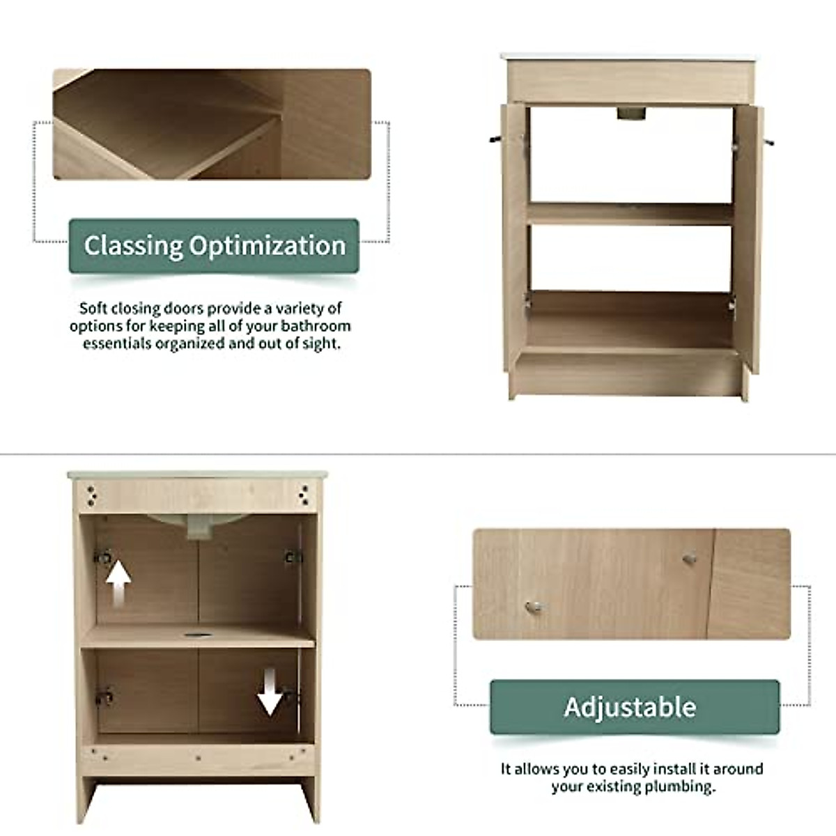 JIBIO 24" Bathroom Vanity Sink Free Standing Bathroom Storage Cabinet w/Ceramic Sinks with 2 Doors Adjustable Shelf Modern Cabinet Space Saver for Apartment Dorm Contemporary Bath