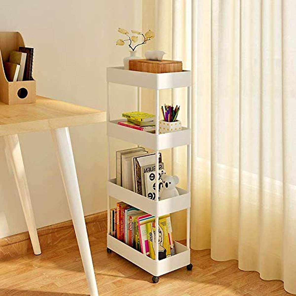 OVAKIA 4-Tier Slim Rolling Utility Cart Storage Shelves Trolley Storage Organizer Shelving Rack with Mesh Baskets/Wheel Casters for Laundry Pantry Bathroom Kitchen Office Narrow Places(White)