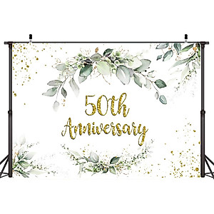 Wollmix 50th Wedding Anniversary Decorations Banners Backdrops Green Leaves Cheers to 50 Years Gold Dots Photography Background Party Sign Poster Photo Booth Props Decor Supplies 7x5ft
