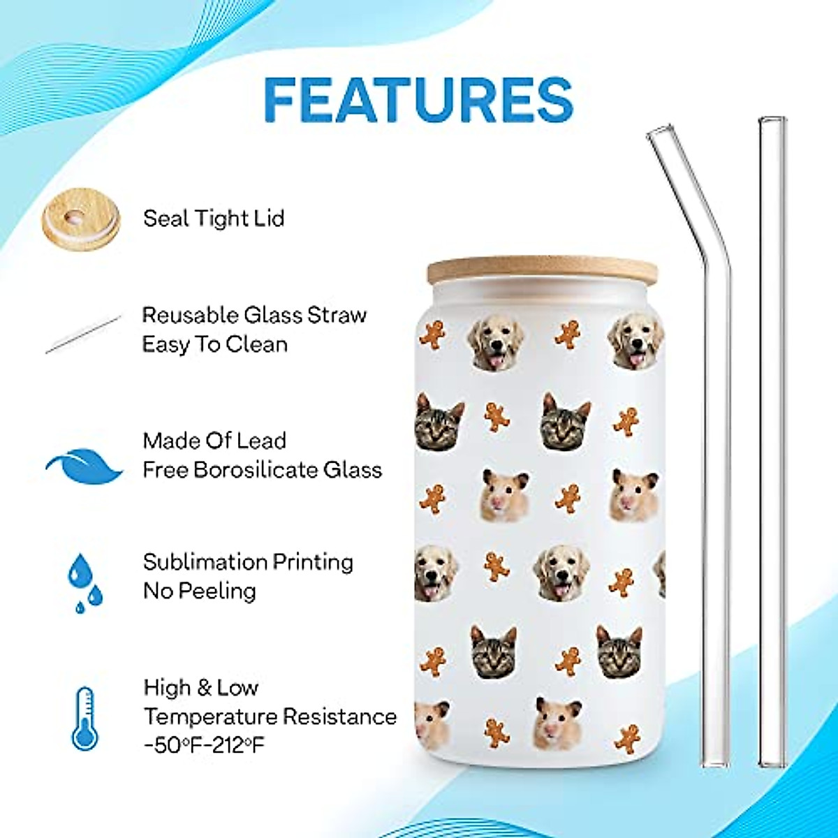 Hyturtle Personalized Pet Owner Glass Cup Dog Cat Face in Pictures Pet Paw Glass Cup bamboo Lid & Straw 12oz16oz Coffee Glass Cup Birthday Christmas Gifts For Women Girls Kid Animal Lover Custom Name