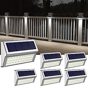 ROSHWEY Solar Lights Outdoor 6 Pack 30 LED Deck Lights Solar Powered Waterproof Outside Stair Lights Fence Post Lamp Outdoor Decor for Patio Step Pool Yard Walkway, Cool White Light