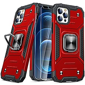 JAME Case for iPhone 12 Pro Max Case with Screen Protectors 2Pcs, Military-Grade Drop Protection Cover, Protective Phone Cases, with Ring Kickstand, Bumper Case for iPhone 12 Pro Max 6.7” Red