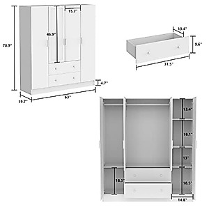 ECACAD Wardrobe Armoire with Mirror, 5-Tier Shelves, 2 Drawers, 2 Hanging Rods and 4 Doors, Wooden Closet Storage Cabinet for Bedroom, White (63”W x 19.7”D x 70.9”H)