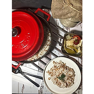 LAVA 3.7 Quart Enameled Cast Iron Braiser: Multipurpose Stylish Red Round Dutch Oven Pot with Enameled Black Interior and Trendy Lid