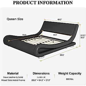 SHA CERLIN Queen Size Upholstered Bed Frame, Deluxe Low Profile Sleigh Bed with Faux Leather Ergonomics Headboard, No Box Spring Needed & Easy Assembly, Black