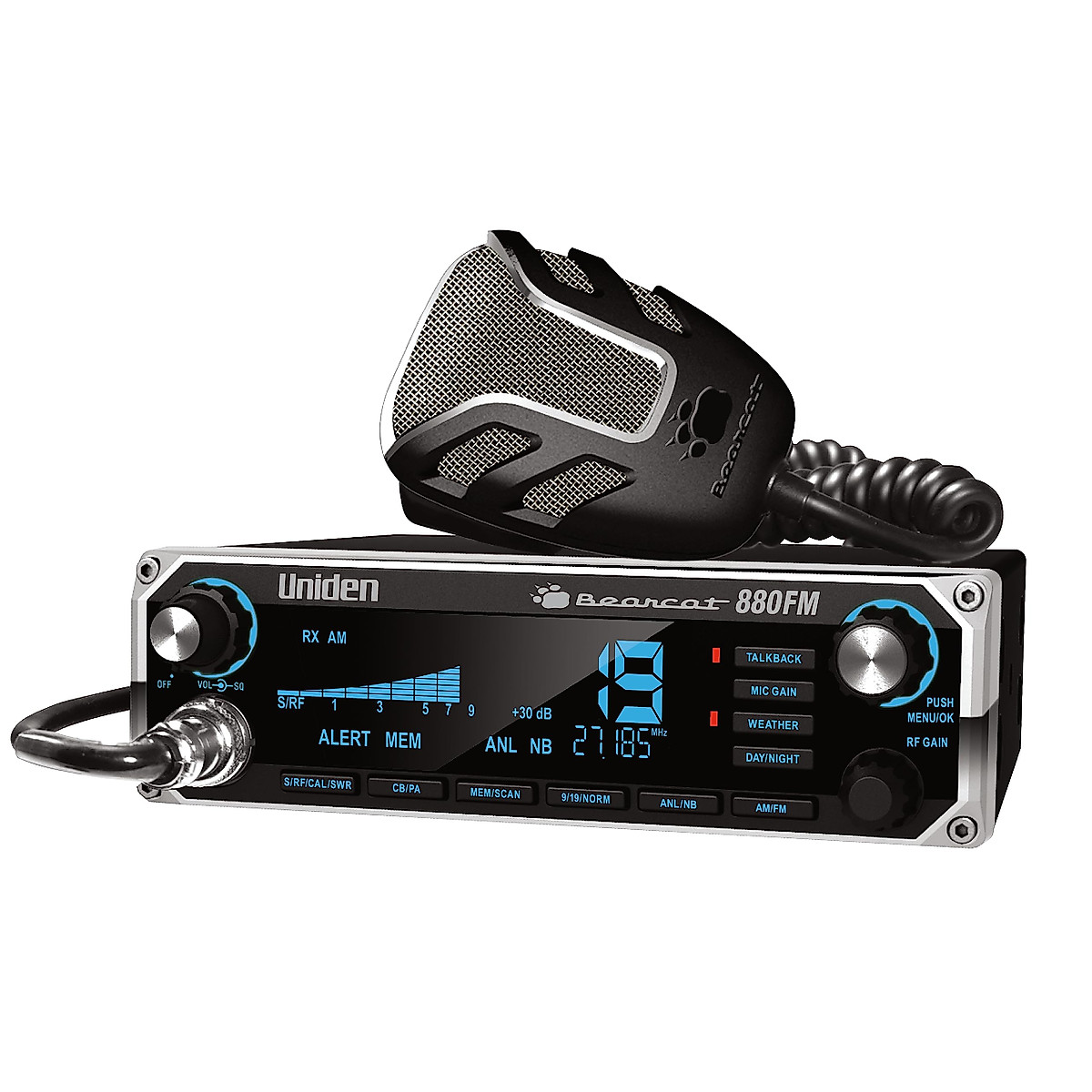 Uniden Bearcat 880FM CB Radio, 40 Channels with Dual-Mode AM/FM, Large Easy-to-Read Backlit 7-Color LCD Display, Backlit Knobs/Buttons, NOAA Weather Alert, PA/CB Switch, and Wireless Mic Compatible