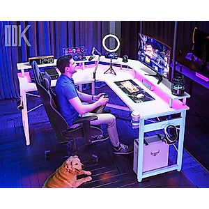 ODK L Shaped Gaming Desk with LED Lights & Power Outlets, 51" Computer Desk with Full Monitor Stand, Corner Desk with Cup Holder, Gaming Table with Hooks, White Carbon Fiber