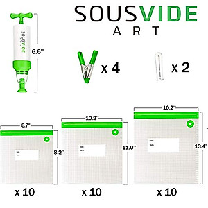 SOUSVIDE ART Reusable Vacuum Seal Bags With Vacuum Sealer, 37pcs - 30 Food Cooking & Storage Bags of 3 Sizes w/Vacuum Pump & Sous Vide Cooker Accessories - BPA-Free & Food Safe Kit, Keeps Food Fresh