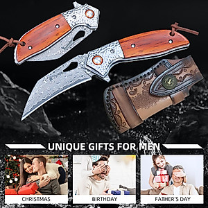 Tusonac Hunting Folding Knife with Leather Sheath, Protable Pocket Knife for Men, Handmade Forged VG10 Damascus Steel Knife with Engraved Steel Bolster, For Camping, Hiking and Daily