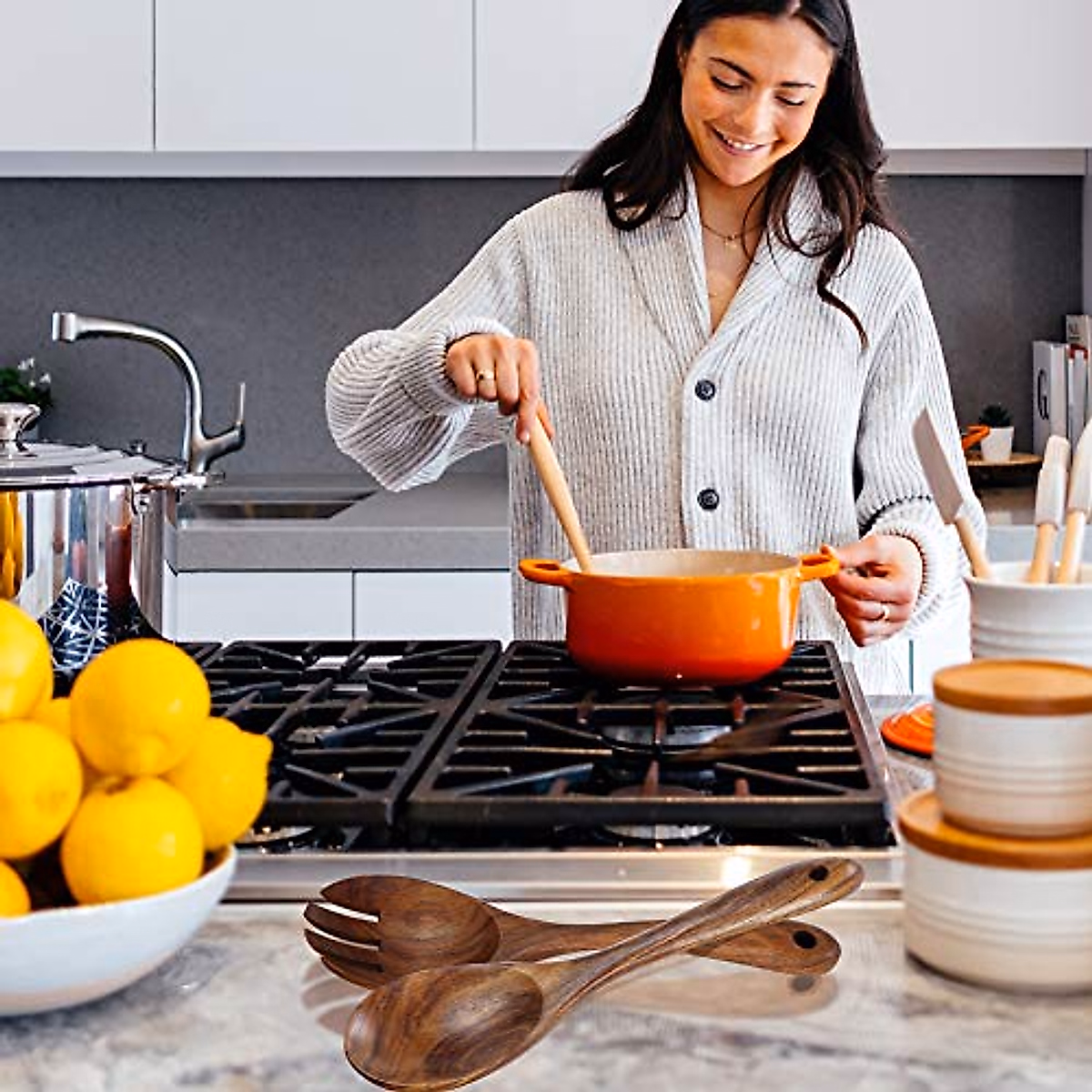 KALINCO Wooden Acacia Salad Servers with Salad Spoon and Fork Set Cooking Utensils for Kitchen (Natural Handmade Cookware) (salad servers)