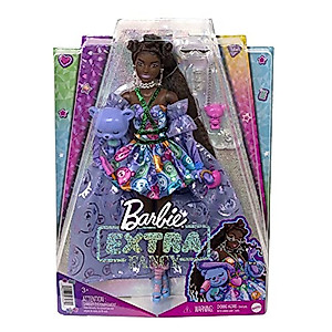Barbie Extra Fancy Fashion Doll & Accessories Dressed in a Teddy-Print Gown with Sheer Train, Plus Teddy Bear Pet