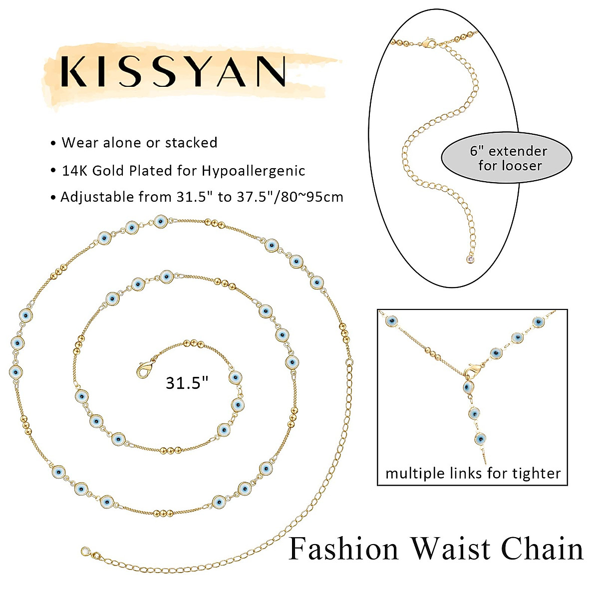 KissYan Bikini Body Chains for Women, 14K Gold Adjustable Sexy Waist Chain Summer Beach Colorful Cuban Link Pearl Evil Eyes Belly Chain Handmade Jewelry(Gold-evil eye)