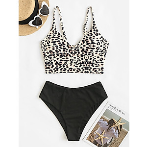 ZAFUL Women Tankini Set, Ribbed High Cut Surplice Swimsuit Bathing Suit with Spaghetti Straps(2-Ba Light Coffee,S)