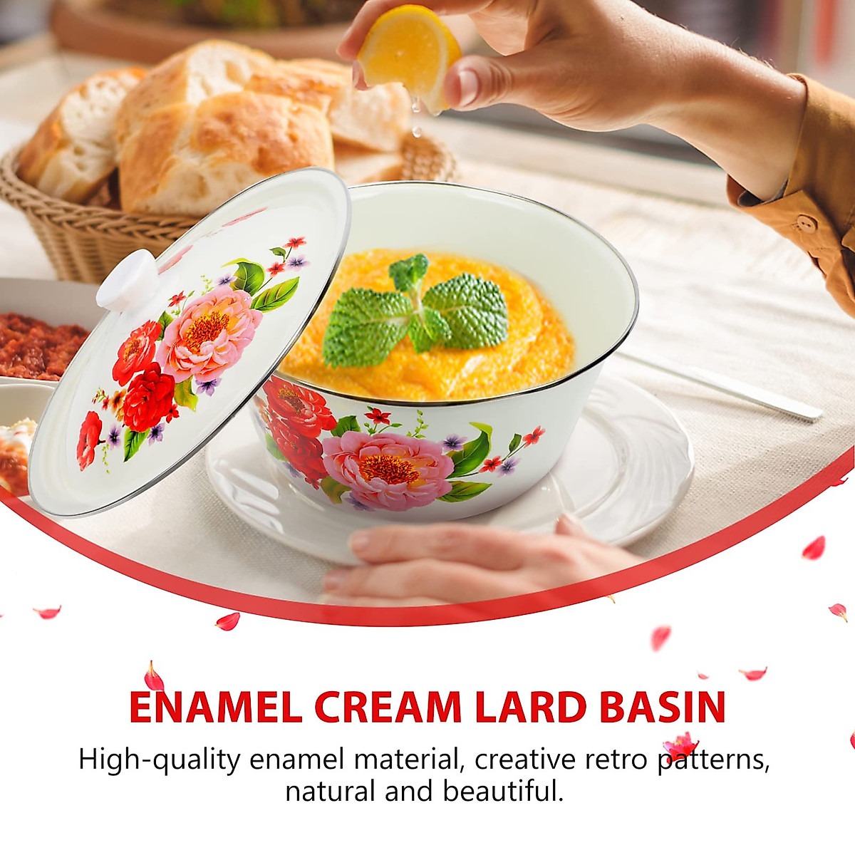 DOITOOL Vintage Enamel Basin Large Retro Enamel Bowl Flower Printed Cooking Pot Tureen Pot with Lid Kitchen Accessories