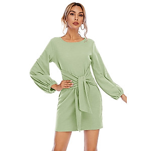 R.Vivimos Women's Autumn Winter Cotton Long Sleeves Elegant Knitted Bodycon Tie Waist Sweater Pencil Dress (XL, Light Green)