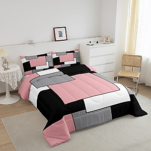 Geometric Queen Comforter for Kids Teens,Mid Century Abstract Bedding Set Modern Pink Grey Black Grey Bedding Comforter Sets for Home Room Decor Geometry Lines Striped Duvet Insert with 2 Pillowcases
