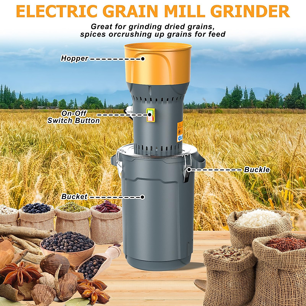 Eachbid 25L Grain Mill Grinder, 1300W Electric Grain Grinder Mill, Detachable 6.6 Gal Bucket & Hopper, with 5 Grinder Sieves+1Wrench, Feed Mill Dry Cereals, Corn Grinder, Wheat Grinder, Molino de Maiz