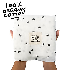 Wee Gallery, Organic Muslin Swaddle - Stars Design - Black and White for Baby Visual Development, Quality Cotton Swaddling or Receiving Blanket