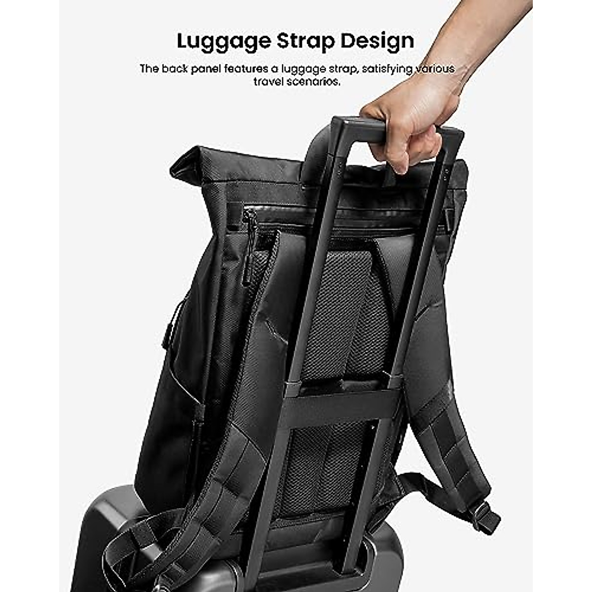 tomtoc Roll Top Laptop Backpack, Lightweight, Water-Resistant Commute Expandable Casual Daypack for 13-16 inch MacBook, Rucksack for Work College Trip, Large Capacity Adjustable 17-23L, Black