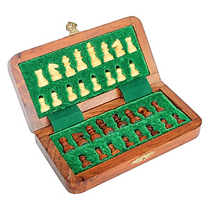 StonKraft - 7" x 7" - Wooden Travel Folding Small Chess Game Board Set + Wooden Magnetic Crafted Pieces