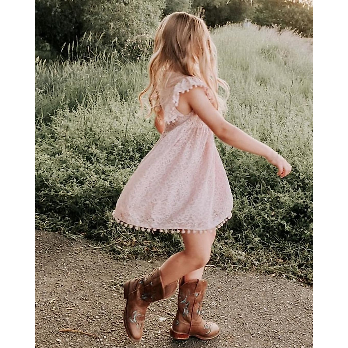 2Bunnies Girl Vintage Lace Pom Pom Trim Birthday Party Dress for Little Kid(Dusty Pink, 5)