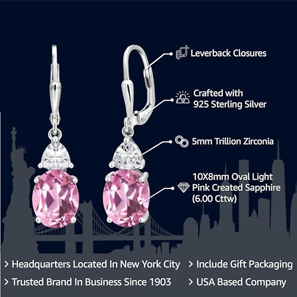 Gem Stone King 925 Sterling Silver Light Pink Created Sapphire and White Zirconia Dangle Earrings For Women (6.00 Cttw, Gemstone September Birthstone, Oval 10X8MM, Trillion 5MM)