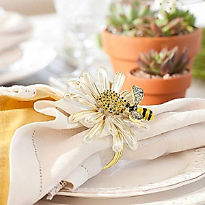 Kesote Daisy Sunflower Napkin Rings Set of 6, Gold Bee Napkin Ring Holders for Formal or Casual Dinning Table Decor