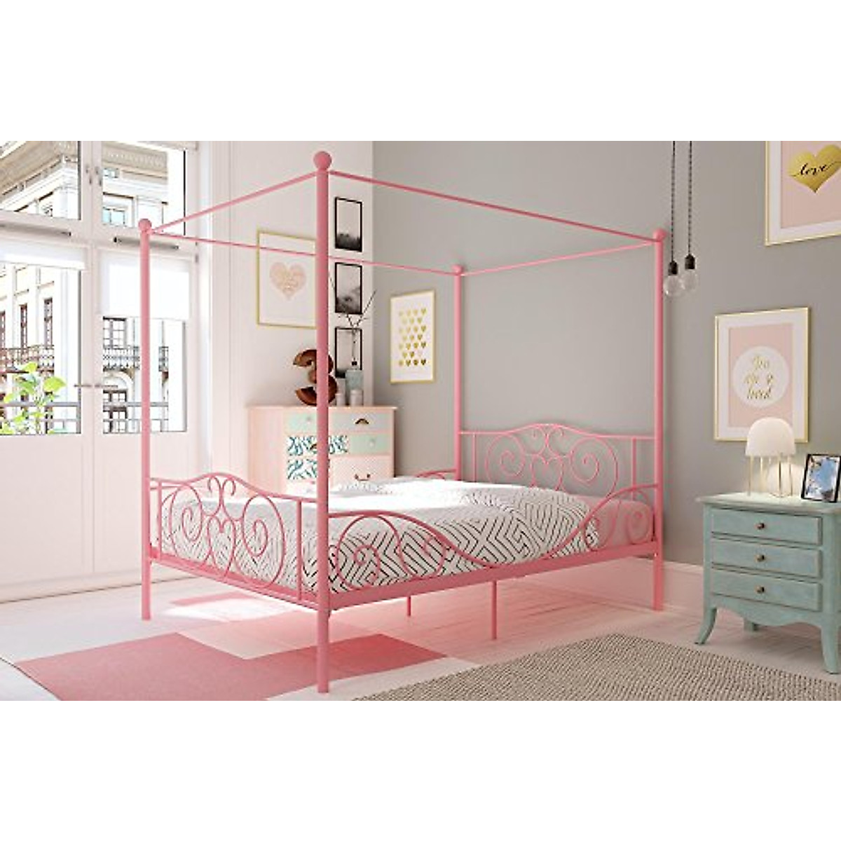 DHP Metal Canopy Kids Platform Bed with Four Poster Design, Scrollwork Headboard and Footboard, Underbed Storage Space, No Box Sring Needed, Full, Pink