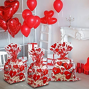 Geyee 80 Pieces Valentine Basket Bags Large Clear Cellophane Basket Bags Valentines Day Bags Red Heart Card Baskets Wrapping Bags with Ribbon Bows for Gift Weddings Bridal Baskets Bags 28 x 39 Inch