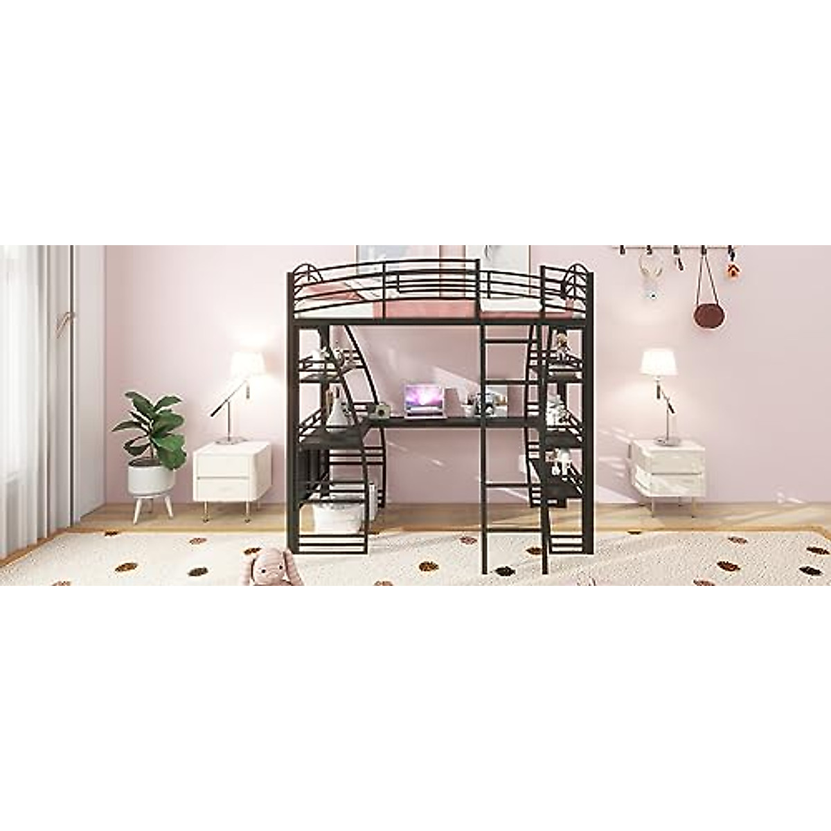 FEELHOME Twin Size Loft Bed with 4 Layers of Shelves and L-Shaped Desk, Stylish Metal Frame Bed with a Set of Sockets, USB Ports and Wireless Charging, Black