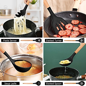 Homikit 35-Piece Kitchen Cooking Utensils Set with Holder, Non-Stick Silicone Cookware Utensils Spatula Set, Heat Resistant Kitchen Tools with Spoon Whisk Turner Tong, Wooden Handle, Black