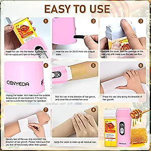 Roll on Wax Kit, Demine Honey Roller Waxing Kit for Hair Removal, Soft Depilatory Sensitive Skin, Portable Digital Roll-On Warmer Women & Men with 2 Cartridge Refill 10 Wax-removing wipes and 100pcs Strips(Pink)