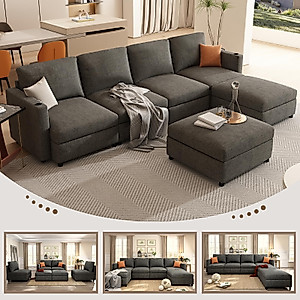 PDNOSC Modern Large Sectional Sofa, U-Shape Modular Sectional Sleeper Sofa with Storage,123" Sofa Bed with Ottoman,6 Seat Sectionals Chaise for Living Room,Chenille (Gray)