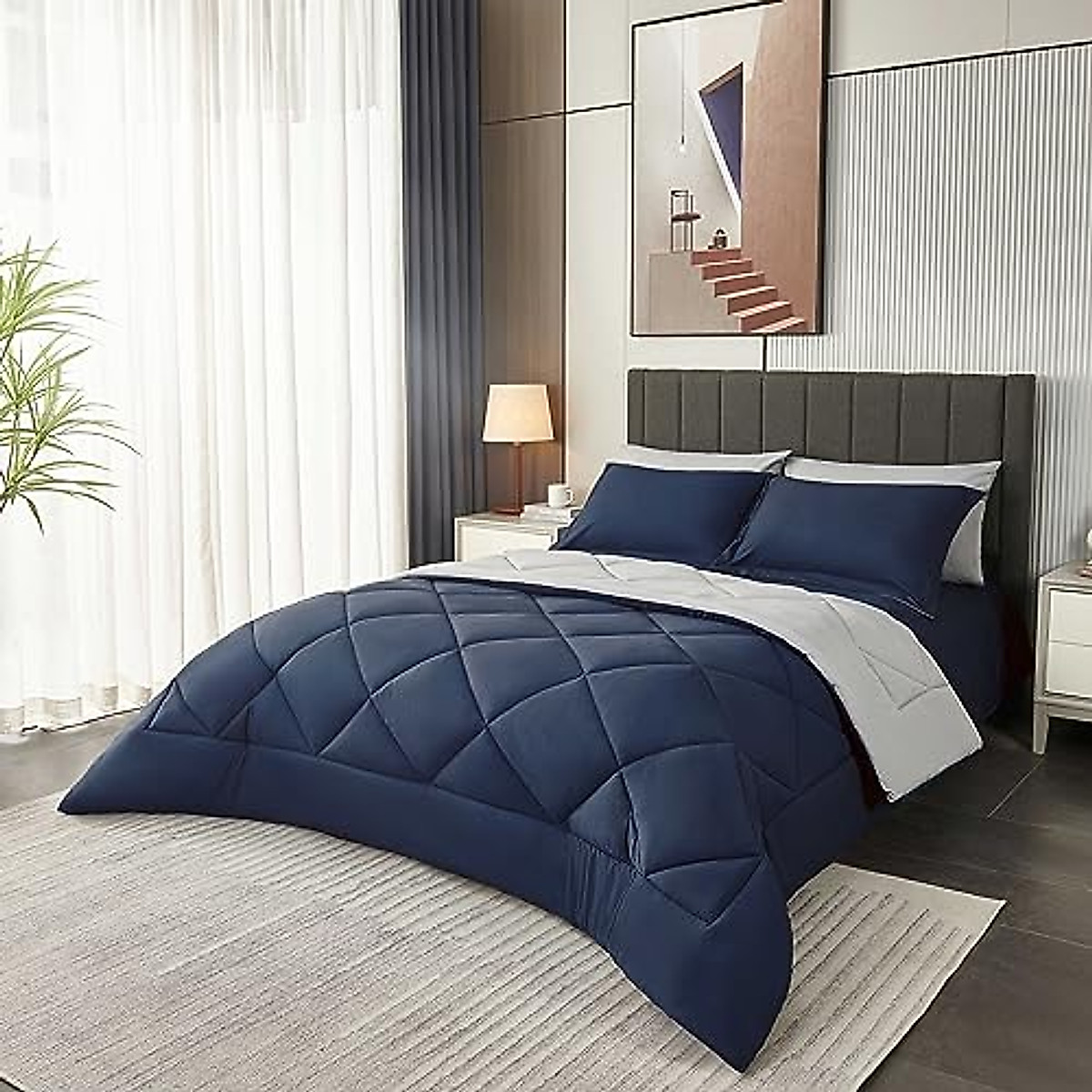 YANYIJING King Size Comforter Set - 8 Pieces Reversible Bed in A Bag King, King Bed Set with Comforters, Sheets, Pillowcases & Shams, Navy Blue King Bedding Set