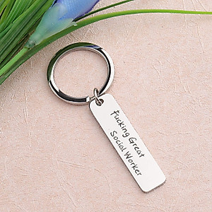 FEELMEM Fucking Great Social Worker Keychain Appreciation Gift for Social Worker MSW Graduation Gift (silver)