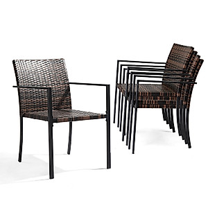 VINGLI Stackable Wicker Chairs Outdoor Dining Chairs Set of 4, All-Weather Patio Ratten Chairs Furniture for Garden Porch Backyard Deck Fire Pit, Capacity 350 lbs, Brown