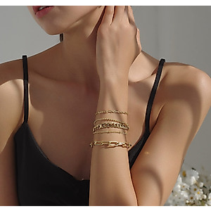 Gold Link Bracelet for Women 14K Gold Plated Dainty Link Beads Bracelets Adjustable Layered Metal Link Bracelet Set Handmade Fashion Jewelry