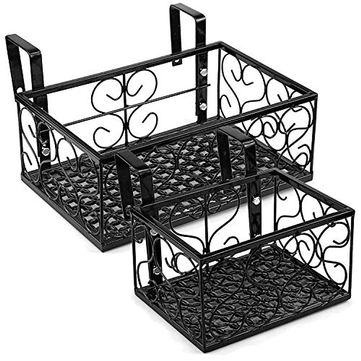 Tosnail Set of 2 Pack Rectangular Metal Railing Plant Stand, Large and Small Flower Pot Holder, Fence Planter Tray for Indoor Outdoor Use - Black