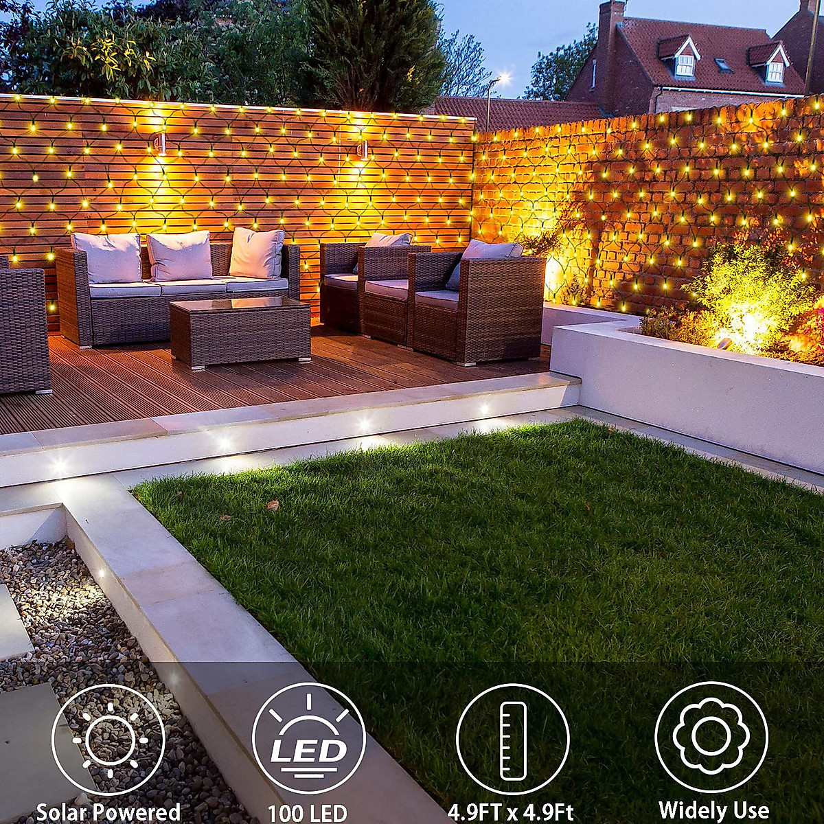 Christmas Net Lights Solar Powered, 100 LED 5Ft x 5Ft Bush Net Light Outdoor Mesh Lights Auto On/Off 8 Modes for Tree Fence Wall Roof Backyard Bush Decor (Warm White)
