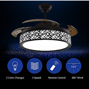 Fandian 42In Modern Ceiling Fan with Lights Remote Control Chandelier Lighting Fixtures Silent Retractable Blades, 3 Light Colors, Black Bird Nest Fandelier for Living Room, Bedroom