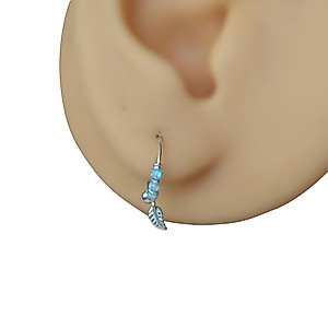 Handmade Silver Single 10MM Cartilgae Helix Piercing Hoop Earring with Trio White & Blue Opal & Tiny Leaf, 925 Sterling Silver Very Small 10MM Thin 22 Gauge Hoop for women, By Miya Jewelry