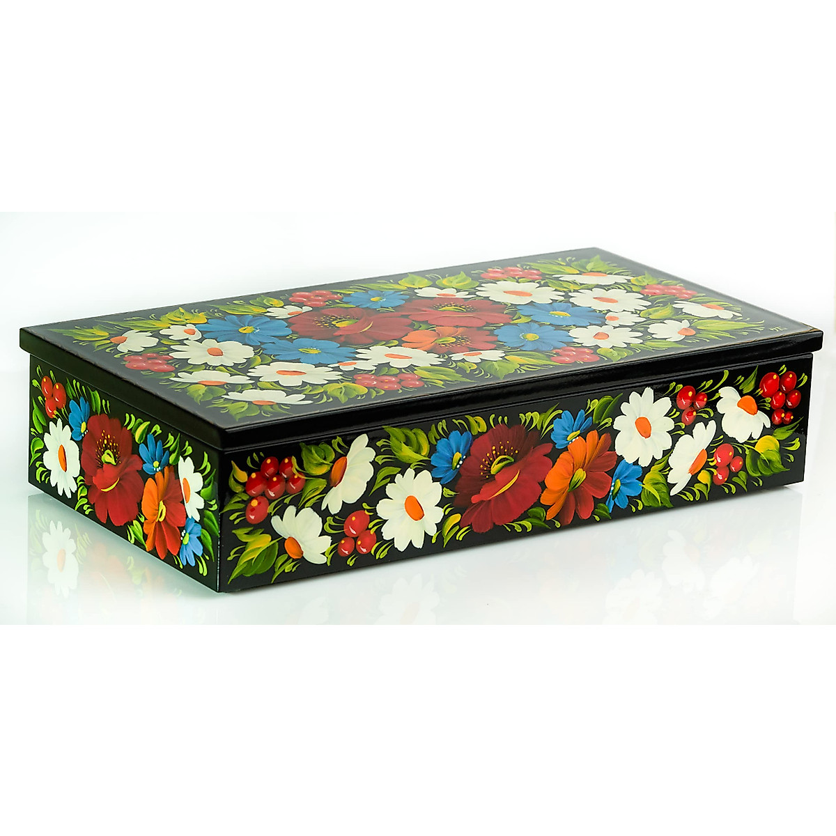 UA Creations Petrykiv Ethnic Rectangular Lacquered Wooden Jewelry Box with Lid, Hand Painted Flowers on Black, Beautiful Floral Design Gift for Women (red and blue)