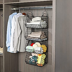 X-cosrack 4 Tier Foldable Closet Organizer, Clothes Shelves with 5 S Hooks, Wall Mount&Cabinet Wire Storage Basket Bins, for Clothing Sweaters Shoes Handbags Clutches Accessories Patent Design