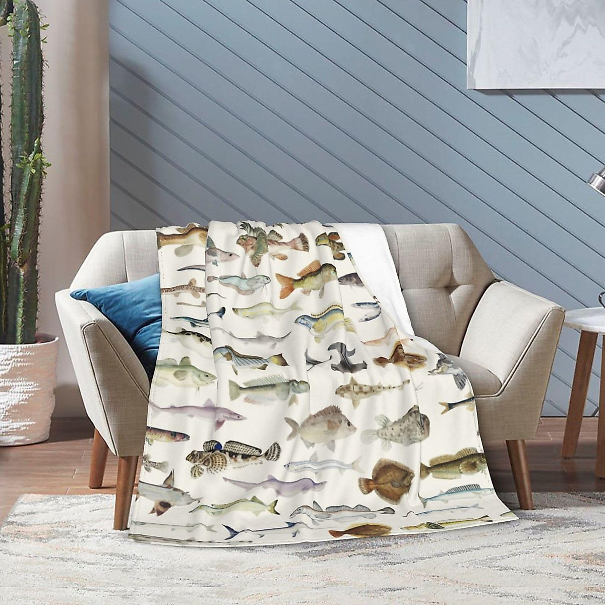 Fishing Blanket Gifts for Boys Kids - Super Soft Flannel Fleece Ocean Fish Theme Blanket Christmas Birthday Graduation Gifts for Loves Fishing Dad Father's Day Travel Sofa Bed 40"x50"