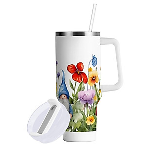 Burbuja Gnomes in Wildflowers 40oz Insulated Tumblers with Handle and Straw Lid, Double Wall Stainless Steel Travel Mug Leak-Proof, BPA Free, Gift for Mom Dad