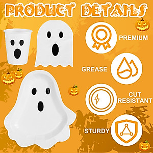 Fuutreo 96 Pcs Halloween Ghost Party Tableware Supplies Including 48 Pcs Halloween Guest Napkins 24 Pcs Ghost Shaped Plates 24 Pcs 9 oz Disposable Ghost Paper Cups Serve for 24 Guests Halloween Party