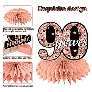 Rose Gold 90th Birthday Decorations Table Honeycomb Centerpieces for Women, 8pcs Happy 90 Birthday Table Toppers Sign Party Supplies, Ninety Years Old Birthday Party Table Decor