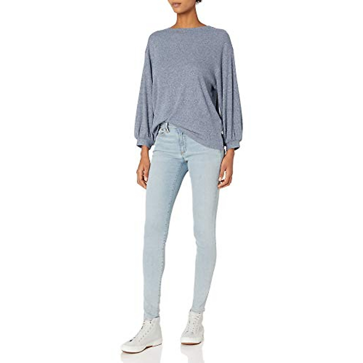 Daily Ritual Women's Cozy Knit Rib Blouson-Sleeve Sweatshirt, Blue Marl, Medium