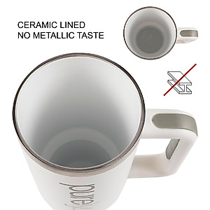 PURELY 40 oz Ceramic Lined Insulated Tumbler with Handle, Leak Resistant 2-way Lid and Straw, Ceramic Lined Travel Mug (White, 40oz)